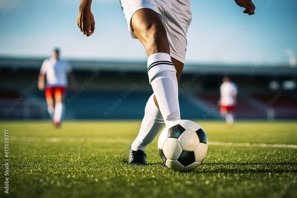 A soccer player is playing soccer, close - up white socks, kicking the ...