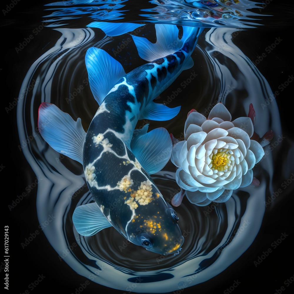 blue glowing bioluminescent koi fish in a clear koi pond with lotus ...