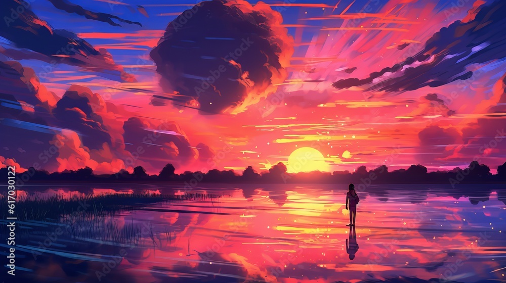 Sunset over the lake, evening sunset view in anime wallpaper background ...
