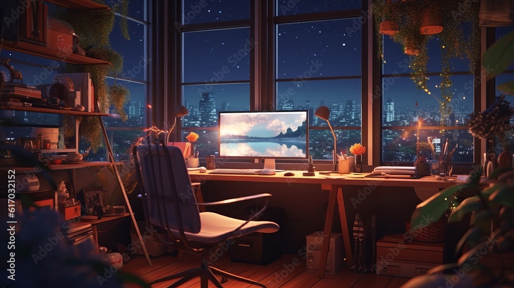 Colorful Anime-Style Lofi Empty Interior: Forest View, Messy Desk, Cozy ...