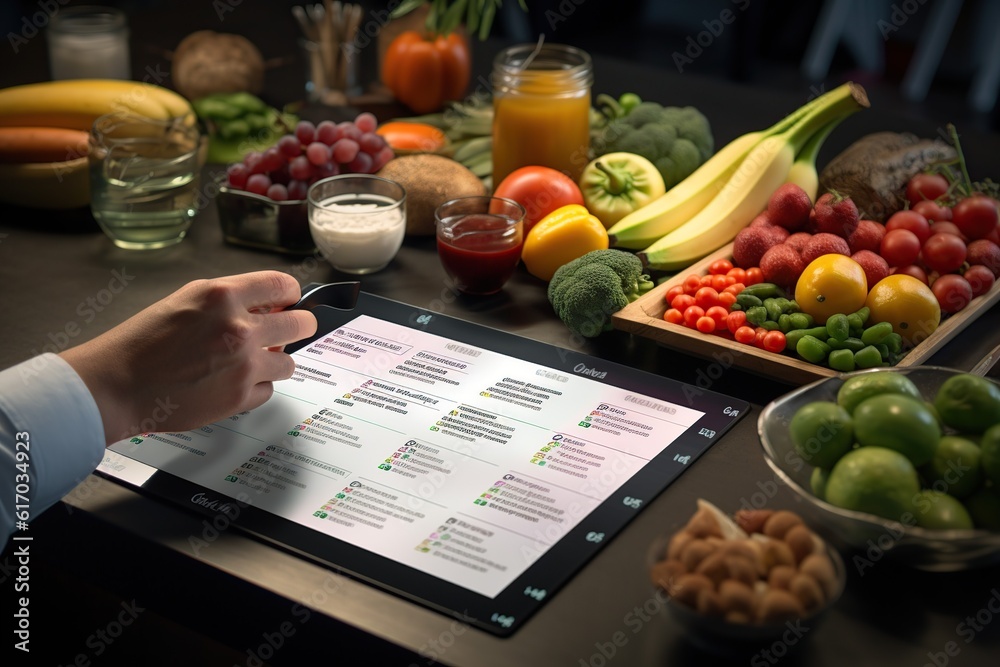 Person choosing healthy food options and preparing list of products ...