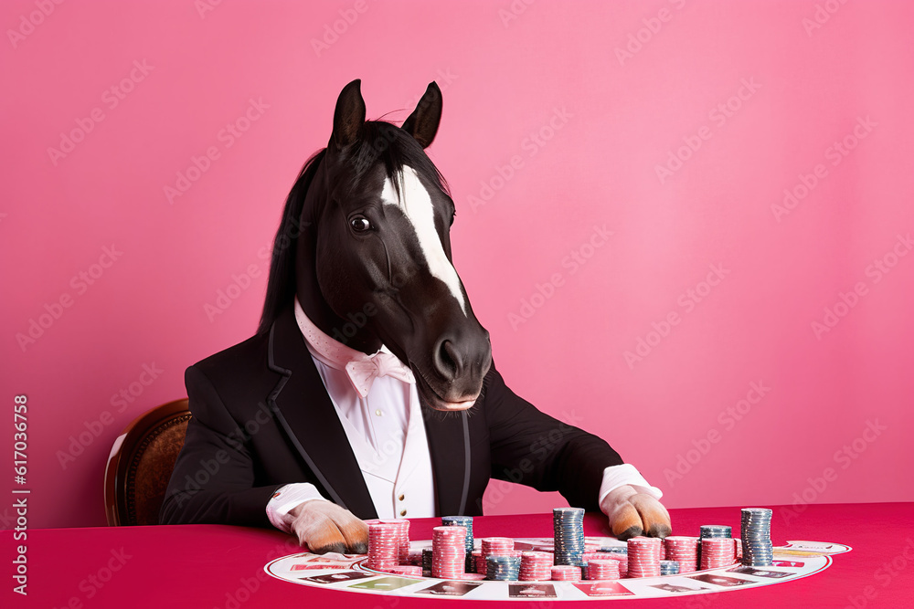 Elegant Equine Poker: Horse in a Tuxedo Playing Cards on a Pink ...