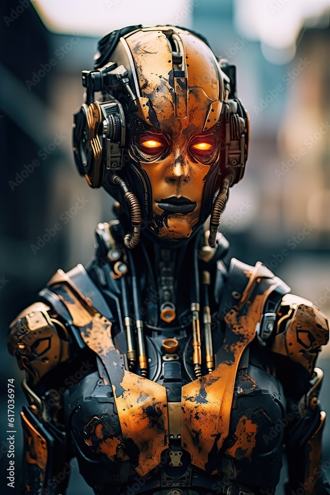 photorealistic female robot in shiny golden color armor in post ...