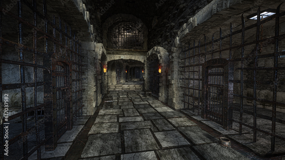Medieval castle tunnel with dungeon cells lit by torch flame. 3D ...