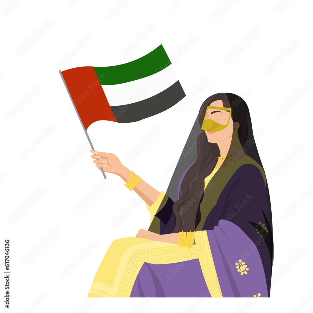 Traditional Emirati woman waving the UAE flag. A vector for UAE ...