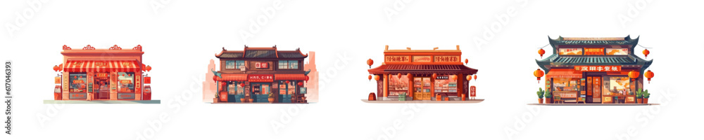 Chinese shop building set flat cartoon isolated on white background ...