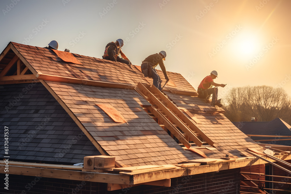 A construction team installing roofing materials on a new residential ...