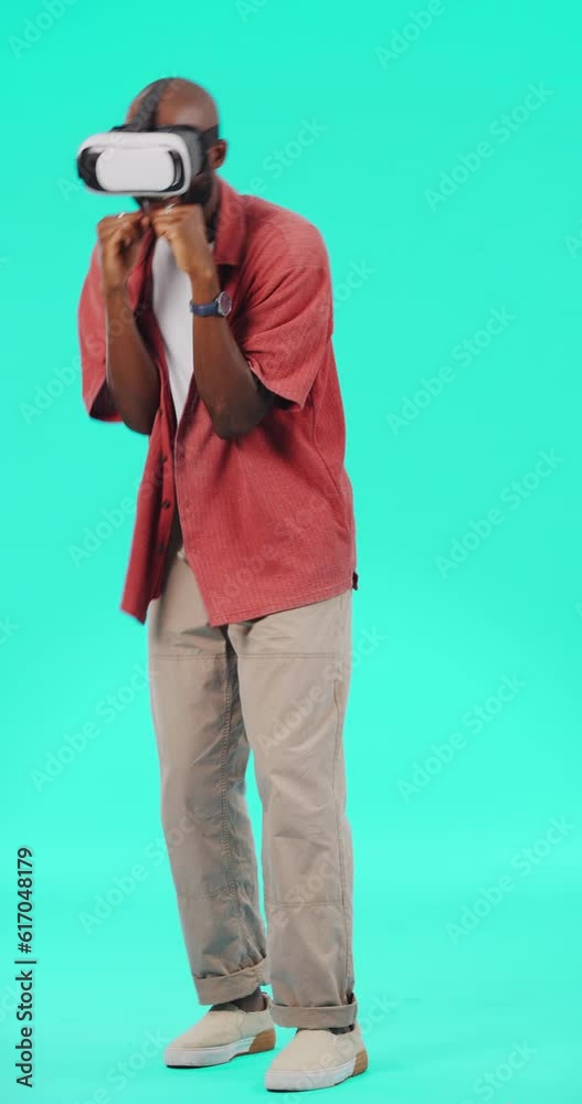 VR, glasses and man fight, boxing and action game with user experience ...