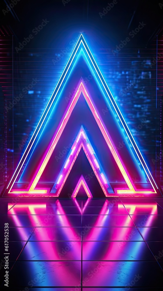 An otherworldly neon stage design with floating tetrahedrons emitting a ...