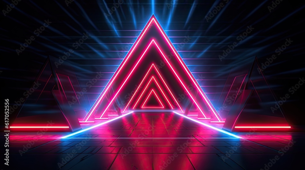 An otherworldly neon stage design with floating tetrahedrons emitting a ...