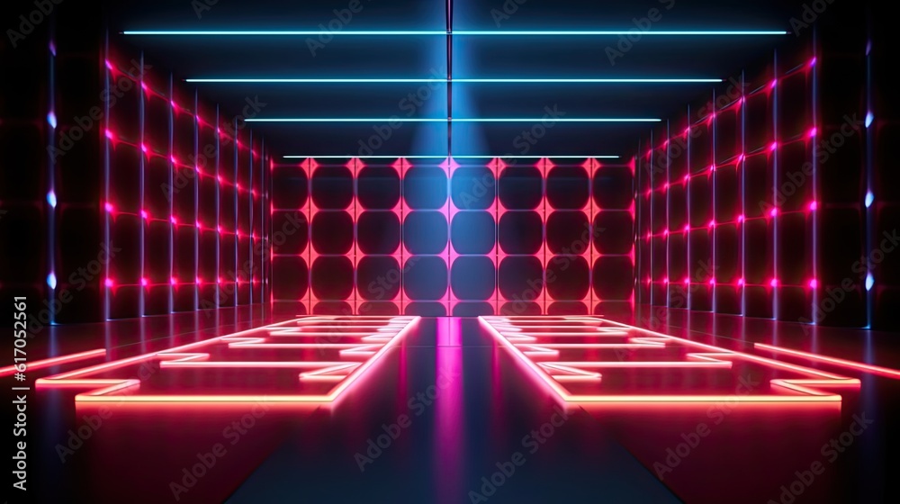 A neon-infused stage featuring a grid of pulsating squares, creating a ...