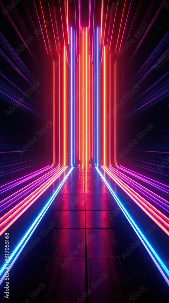 A futuristic neon stage featuring a cascade of luminous cubes, creating ...