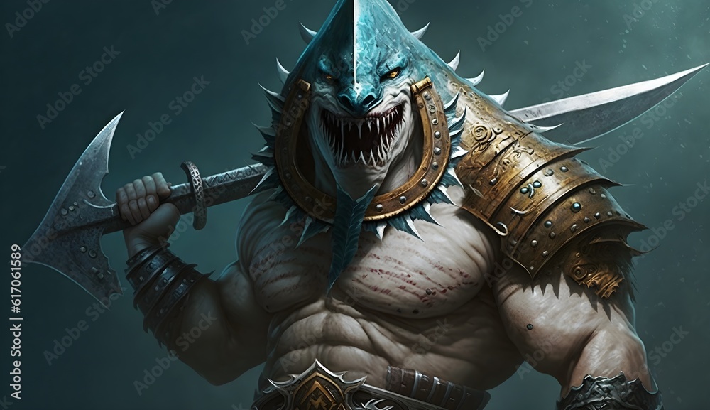 mighty shark as barbarian broadsword as fishbone full body detailed ...