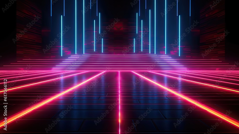 A neon-streaked dance floor stage surrounded by walls of light, pulsing ...