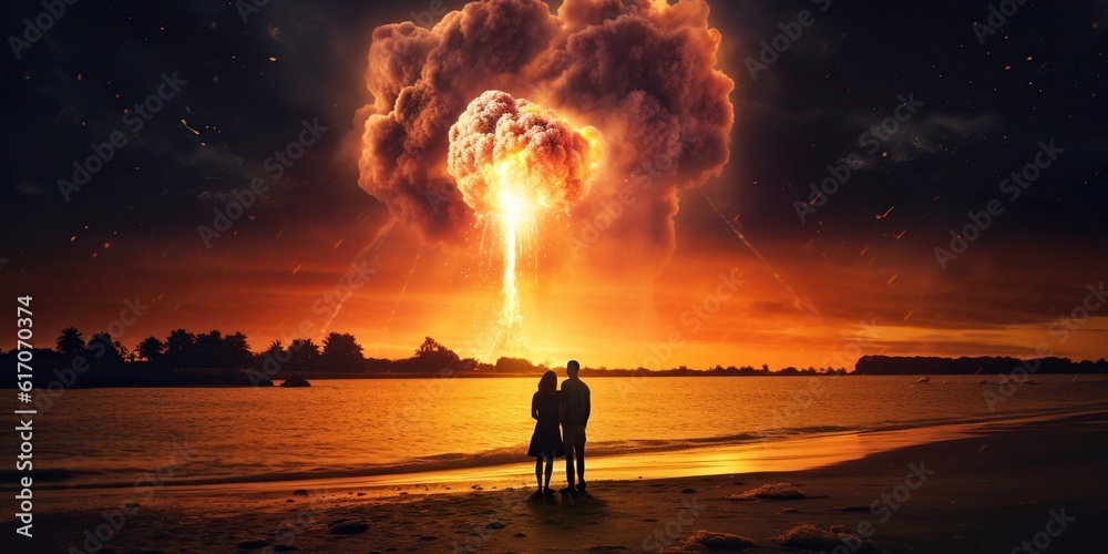Romantic couple in love on night beach with atomic explosion in the ...