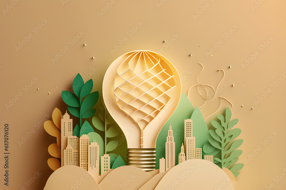 Paper cut of light bulb with green eco city on pastel beige background ...