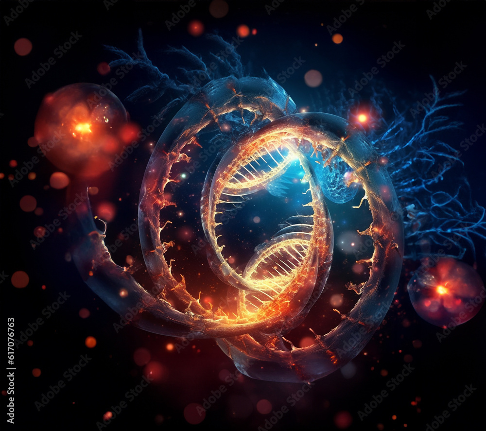 DNA flying through the wormhole, image of rna, spiral and stars, in the ...