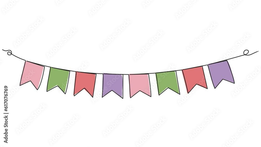 animated continuous single line drawing of bunting garland, pastel ...