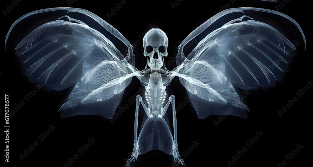 Xray image of strange exotic winged creature, ultra-realistic on dark ...