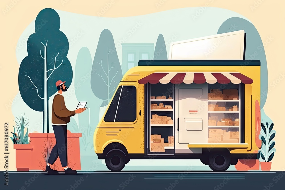 Delivery service. Fast food truck. Delivery man with a tablet pc Stock ...