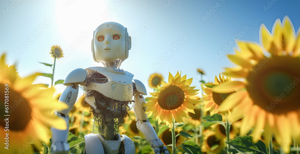 Child robot concept, in summer flower field, super realistic, sun day ...