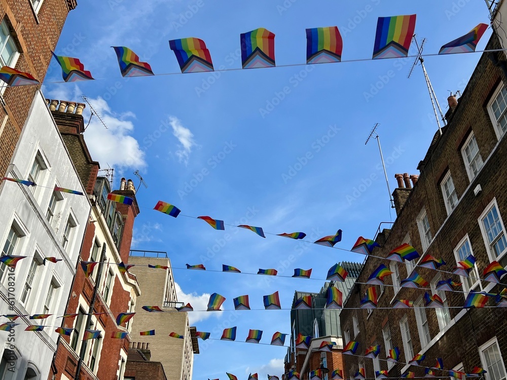 Pride flags decorations in Soho, London Stock Photo | Adobe Stock