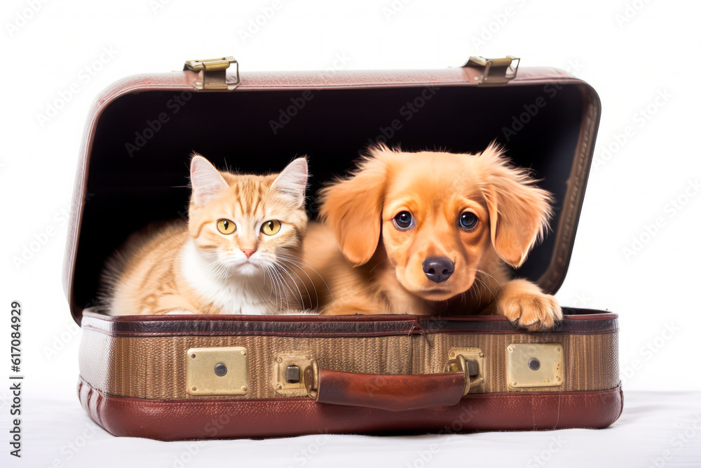 Charming scene of a cute dog and cat nestled in a travel suitcase ...
