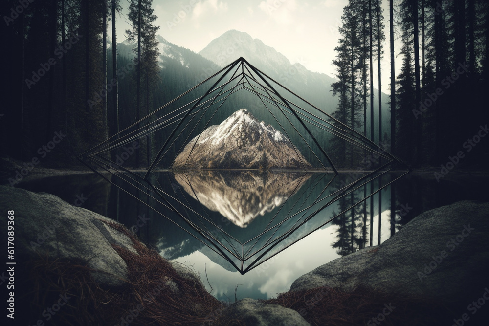 Various geometric shapes in nature surreal landscape background with ...