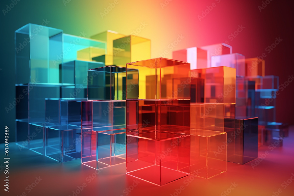 Colorful glass cubes illuminated with light and reflects colorful light ...