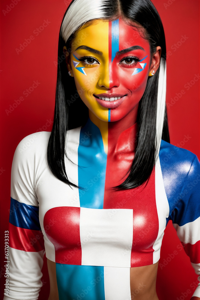 A woman with a painted face and a painted body poses for a picture with ...