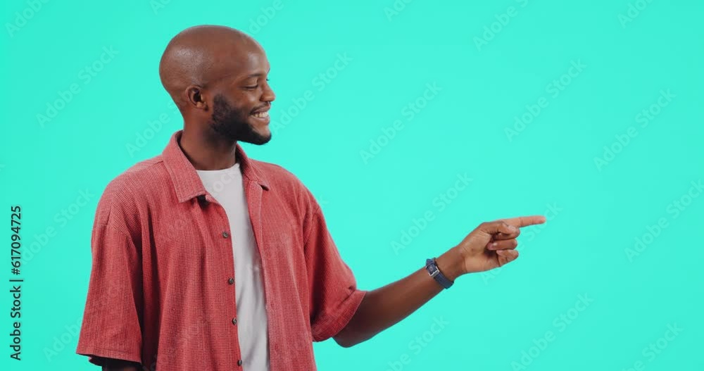 Black man, pointing with presentation and list, choice and information ...