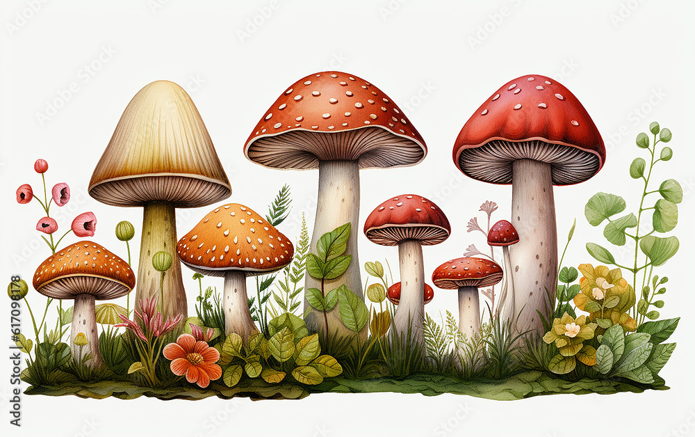 set in stile acquerello di funghetti e foglie , colori tenui pastello ...