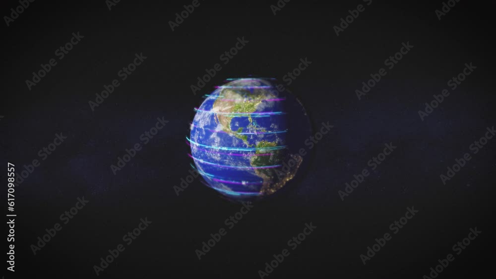 Distant view of planet Earth from space. Colour lines in augmented ...