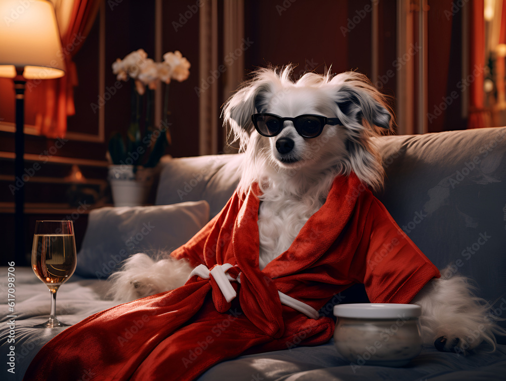 Papillon dog chilling in a bathrobe on sofa after taking bath in a ...
