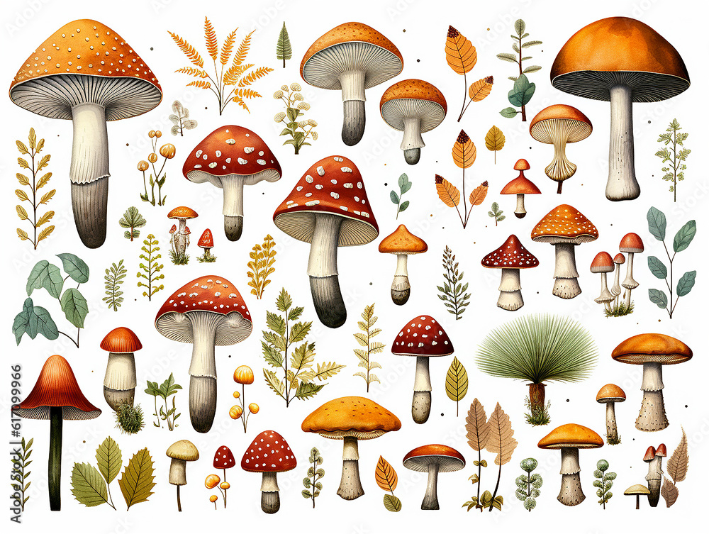 set in stile acquerello di funghetti e foglie , colori tenui delicati ...