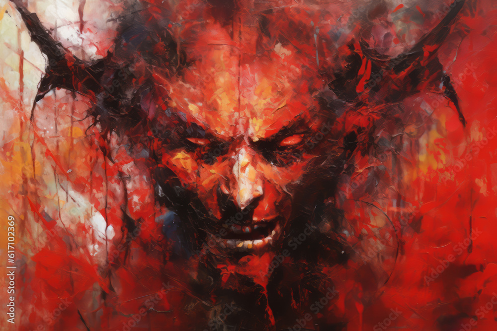 Demon in hell with horns digital oil painting. Generative ai ...