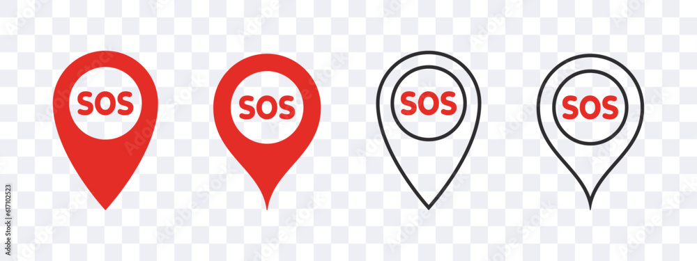 SOS Emergency icons. SOS badges in the form of a location icon. Vector ...