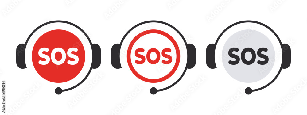 SOS Emergency icons. SOS signs with headphone icon. Help service sign ...