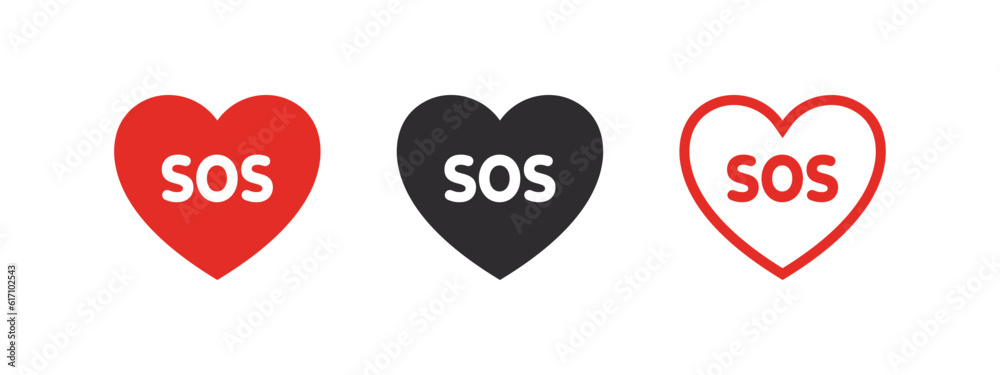 SOS Emergency icons. SOS signs in the form of hearts. Help service sign ...