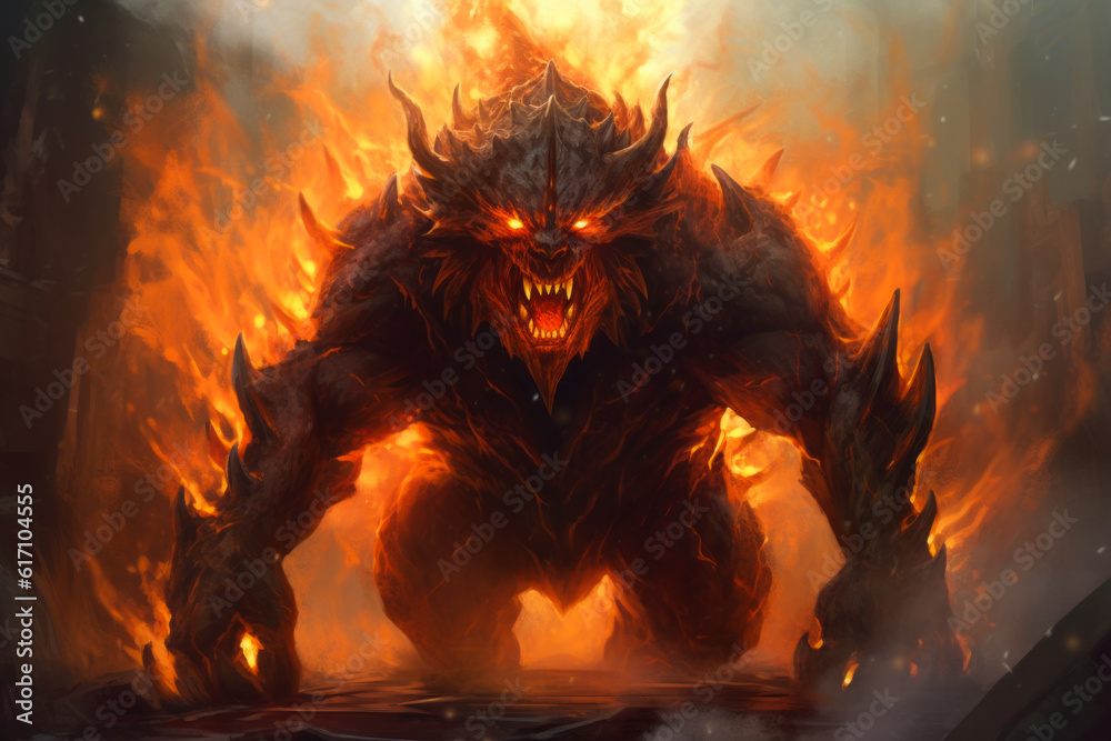 Fire scary monster, close up. Generative ai horror fire demon ...