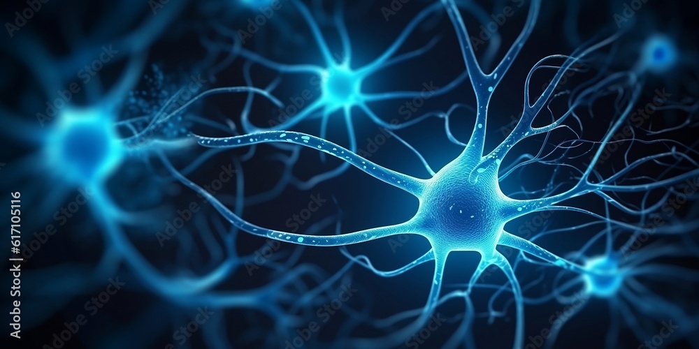 Nerve cell blue color banner, system neuron of brain with synapses ...