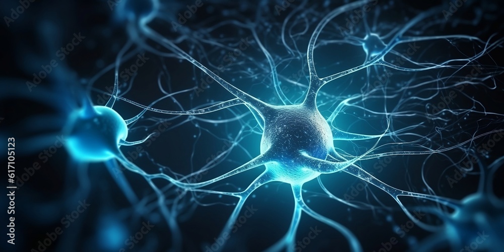 Nerve cell blue color banner, system neuron of brain with synapses ...