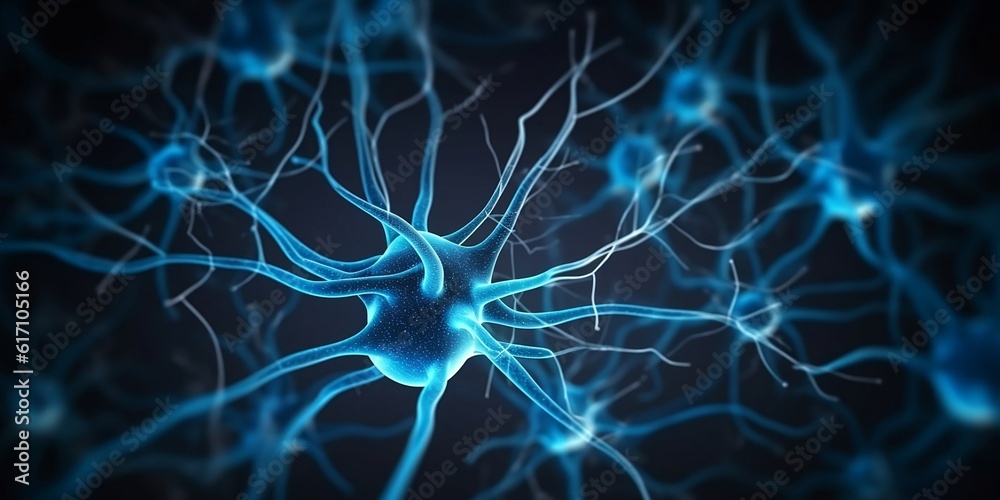 Nerve cell blue color banner, system neuron of brain with synapses ...