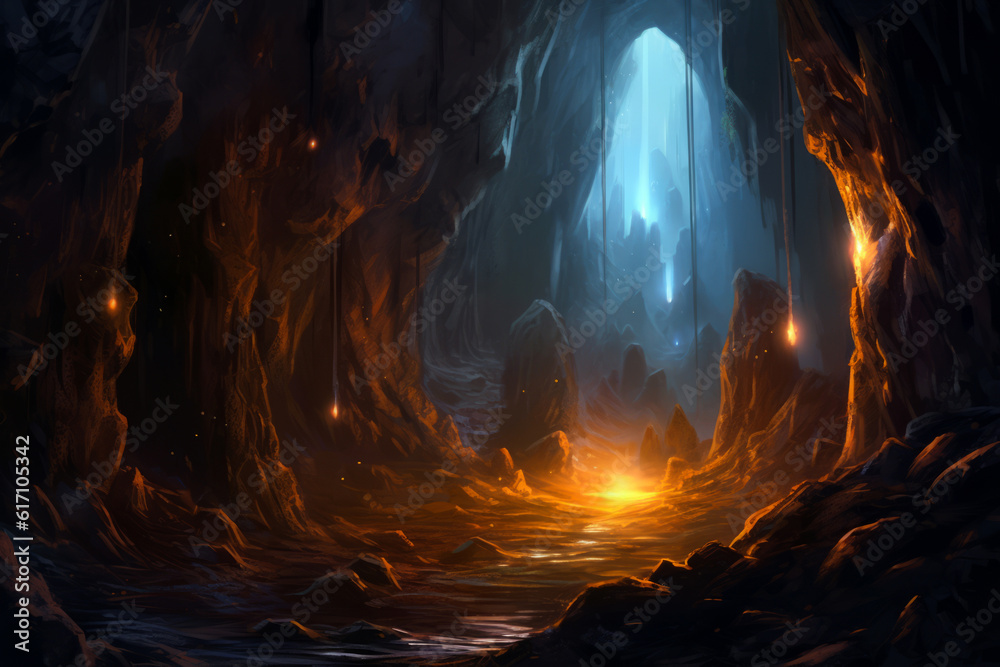 Enter a magical underground world with towering rocks, glowing ...