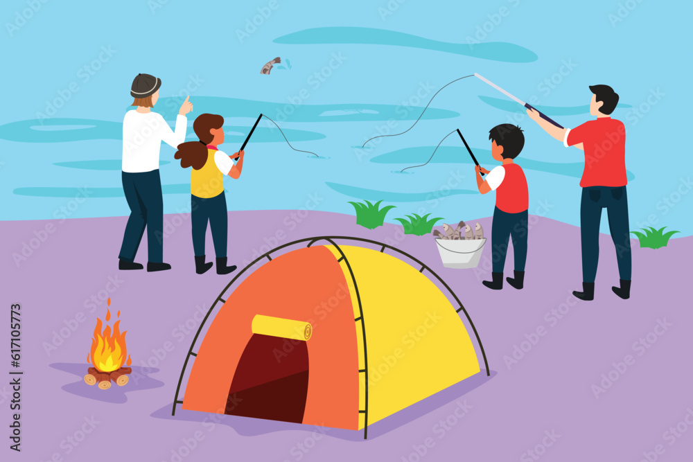 Graphic flat design drawing happy family camping. Man, woman, children ...