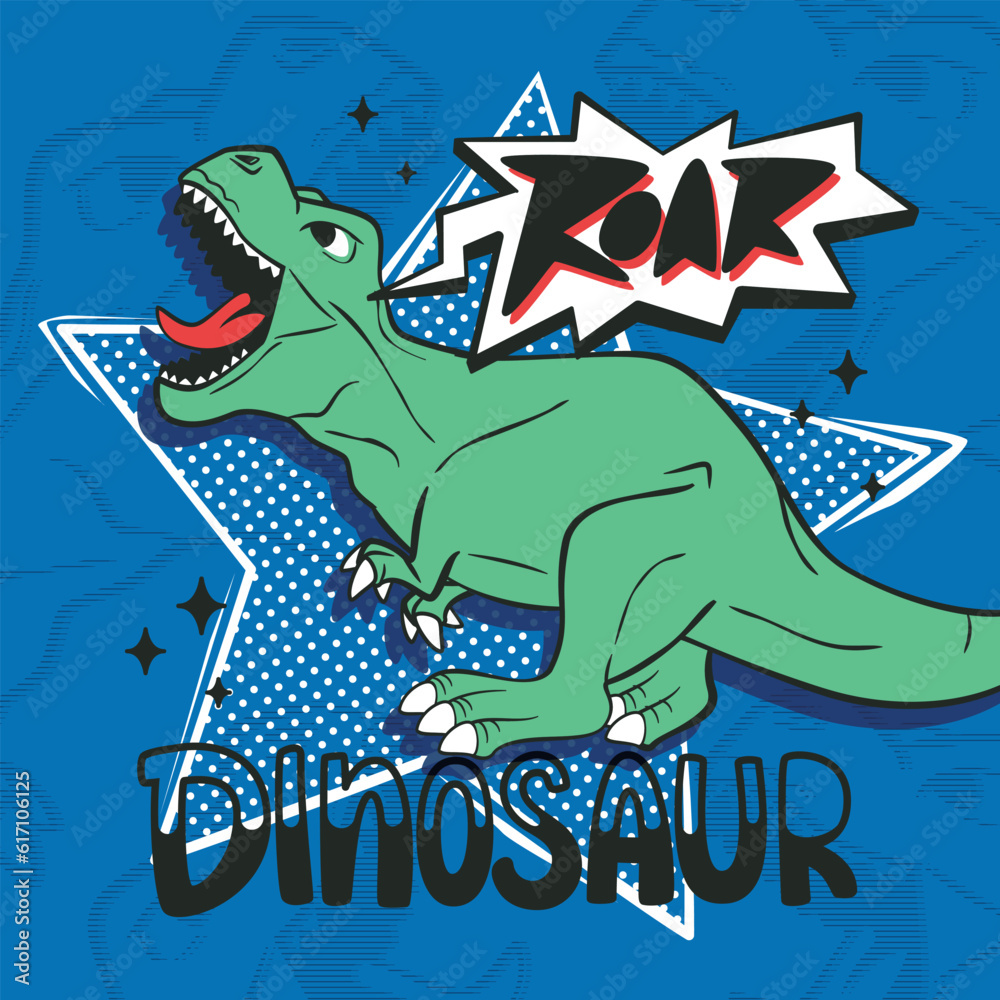 Roaring t-rex dinosaur cartoon on blue background illustration vector ...