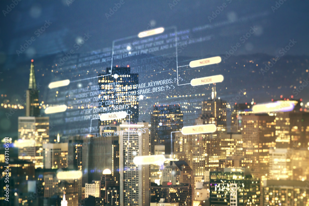 Multi exposure of abstract creative coding sketch on San Francisco city ...