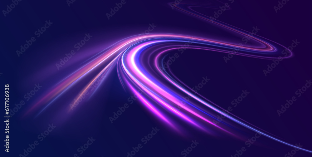 Acceleration speed motion on night road. Laser beams luminous abstract ...