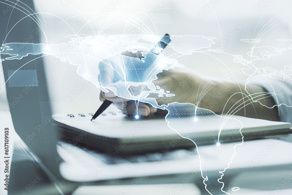 Double exposure of abstract digital world map with connections and hand ...