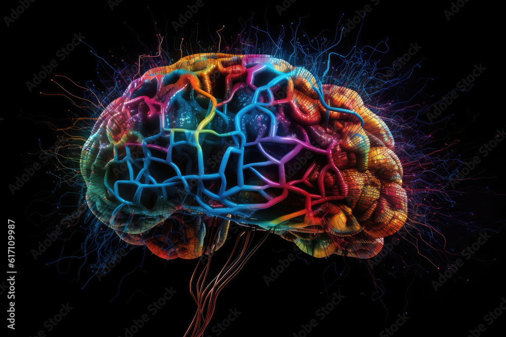 Creative generative AI illustration of colorful brain with pixels and ...
